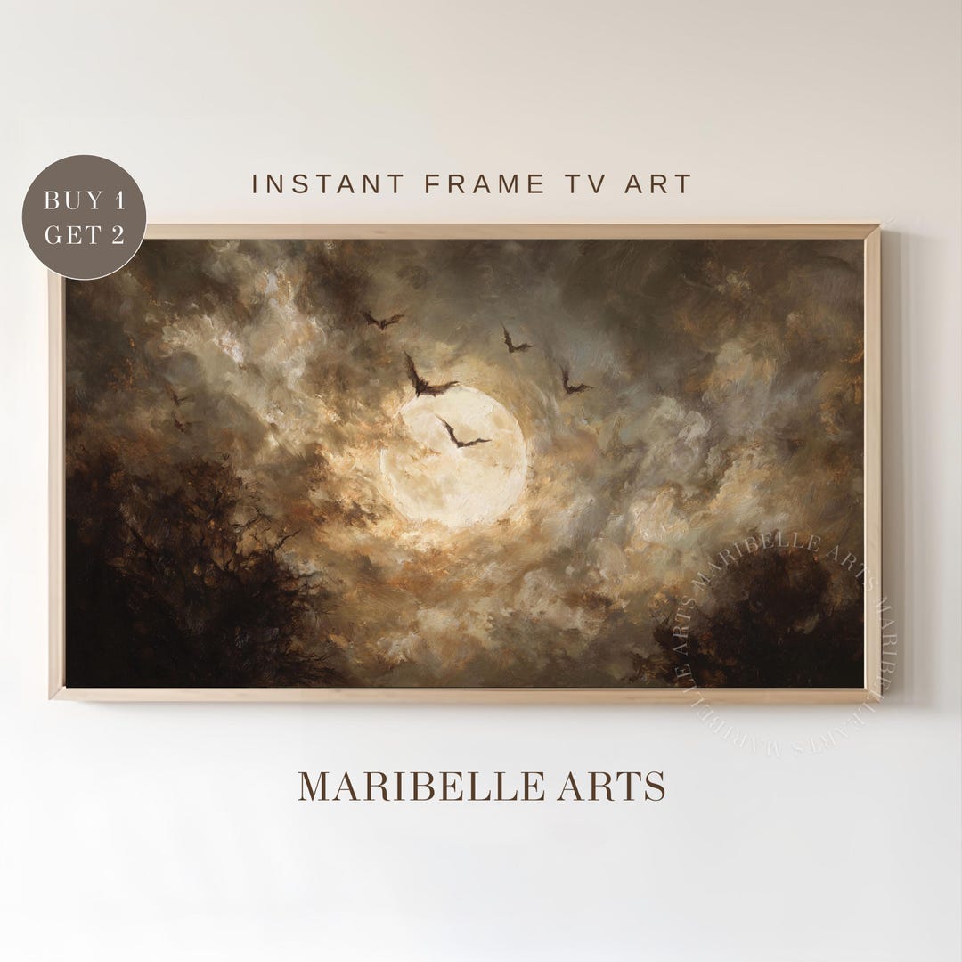 Halloween Bats Frame TV Art, Full Moon Oil Painting, Spooky Halloween ...
