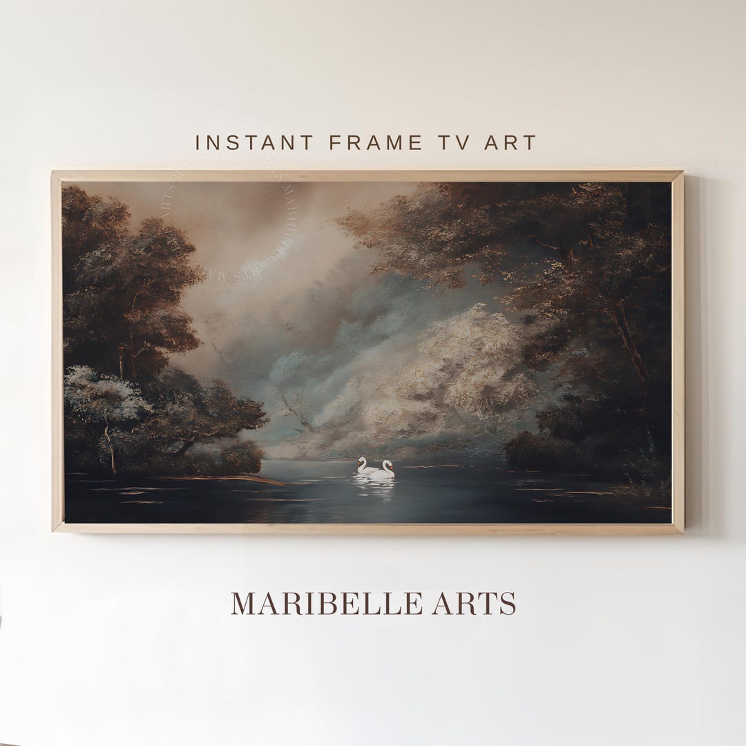 Printable Swan Frame TV Art, Vintage Landscape Print, Moody Fall Home ...