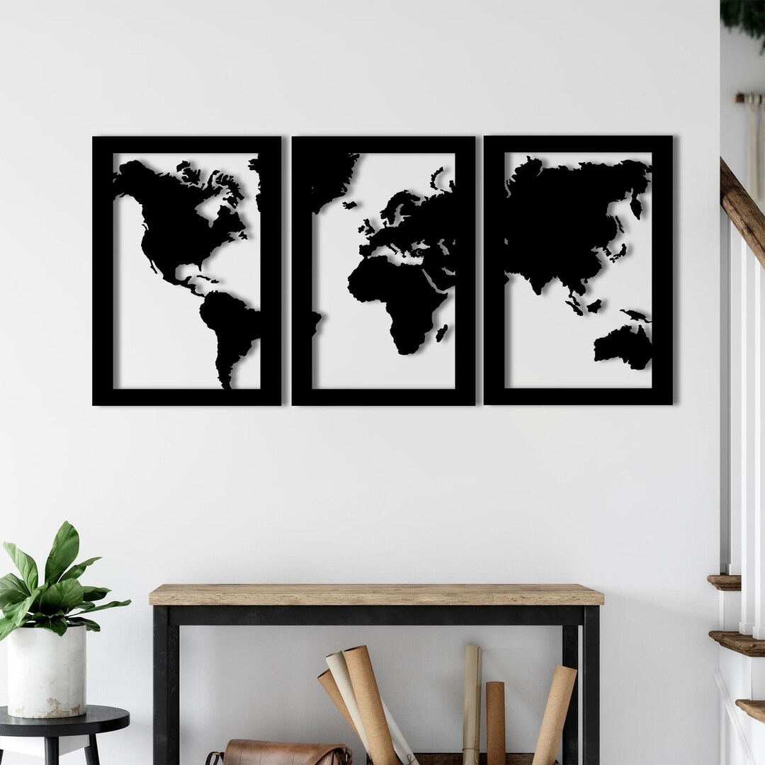 Three-piece World Map Metal Wall Art | Decorative Wall Sculpture Set - Etsy