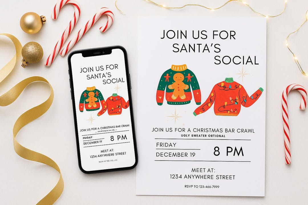 Christmas Bar Crawl Invite • Ugly Sweater Party • Holiday Party Digital ...