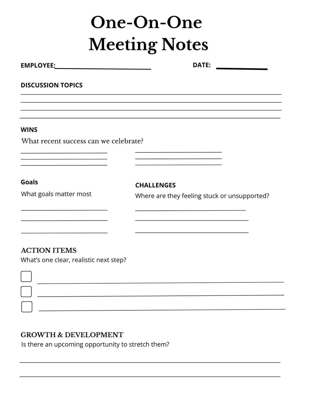 One on One Meeting Notes | Printable Manager Template | Team Check-in ...