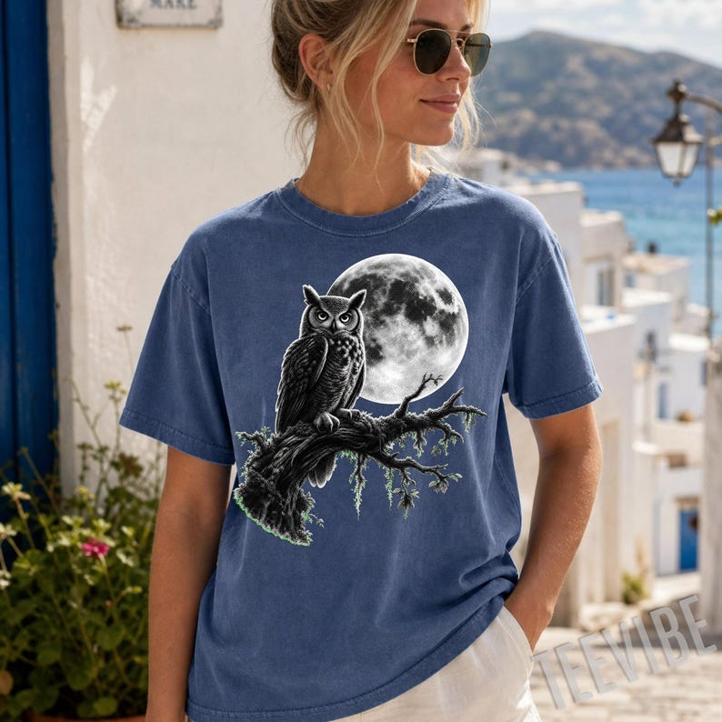 Horned Owl Moon T-shirt, Vintage Natural History Illustration, Forest ...