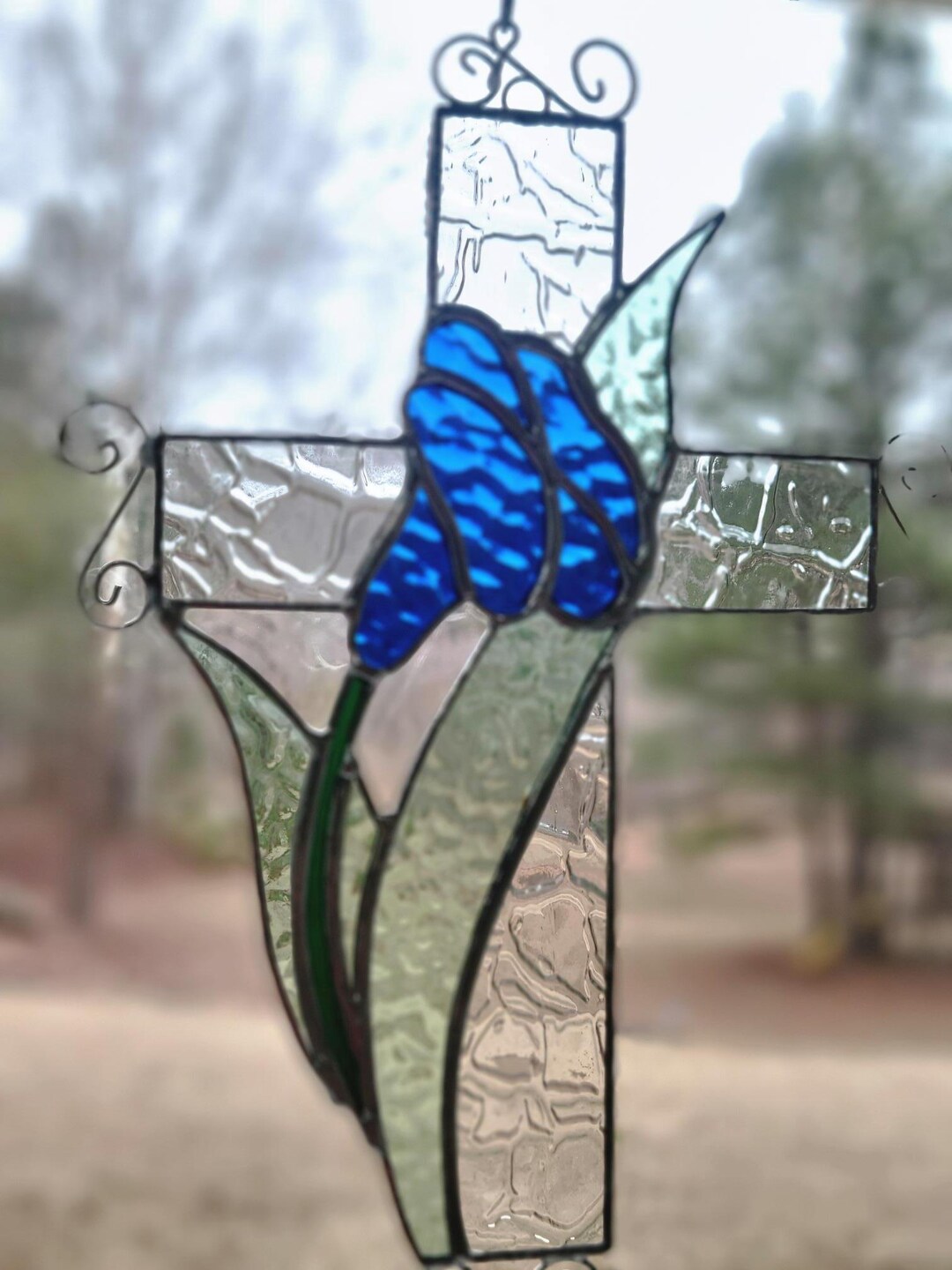 Stained Glass Cross With Blue Flower Design - Etsy