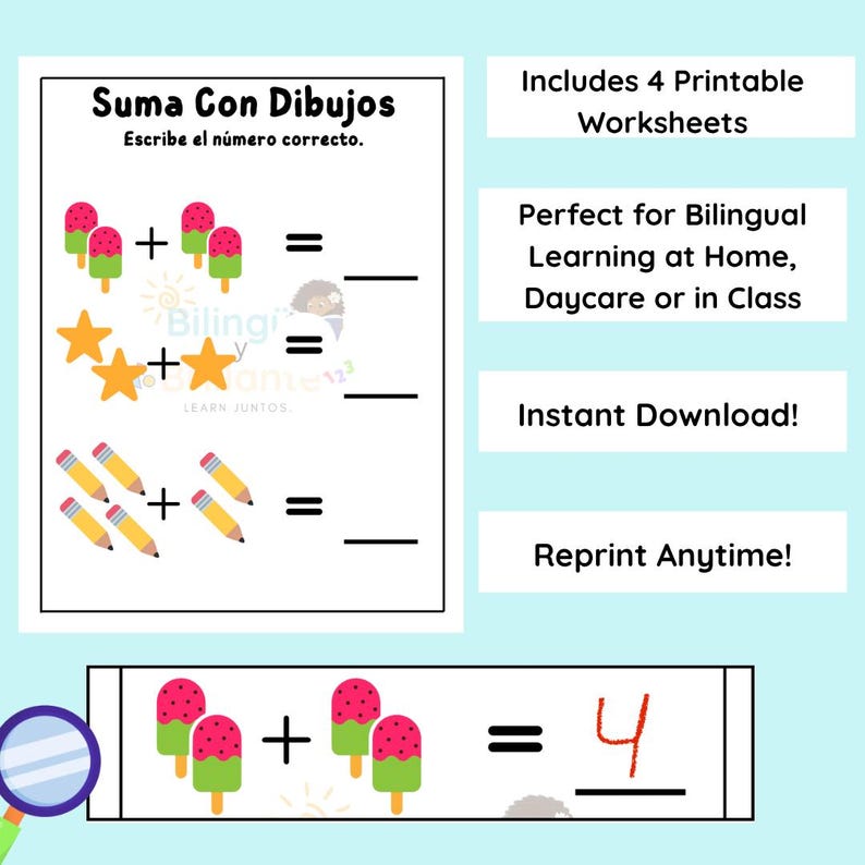 Suma Con Dibujos — Spanish Math Printable | Bilingual Addition ...