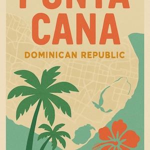 Punta Cana Vintage Map Print: Retro Palm Tree Souvenir (digital ...