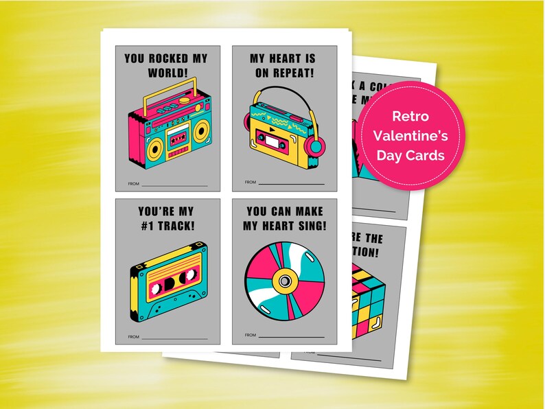 Retro Music Valentine’s Day Card Set, Vintage-inspired, Printable Cards ...