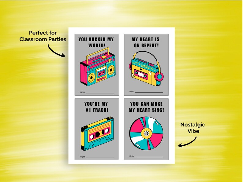 Retro Music Valentine’s Day Card Set, Vintage-inspired, Printable Cards ...