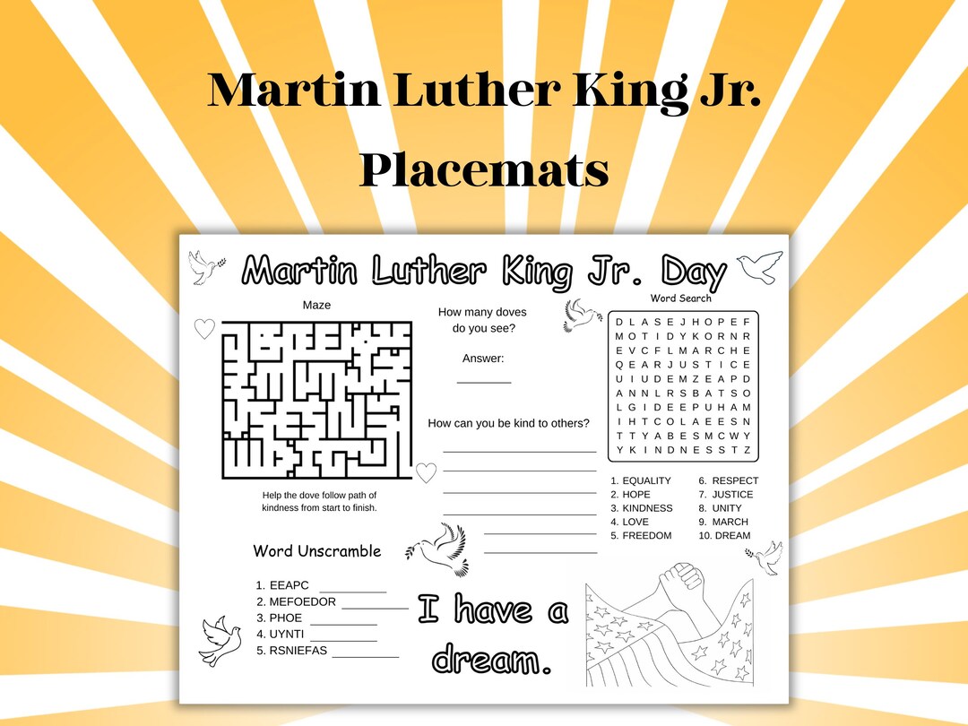 Martin Luther King Jr. Day Placemats, MLK Jr. Day, Activity Sheet ...
