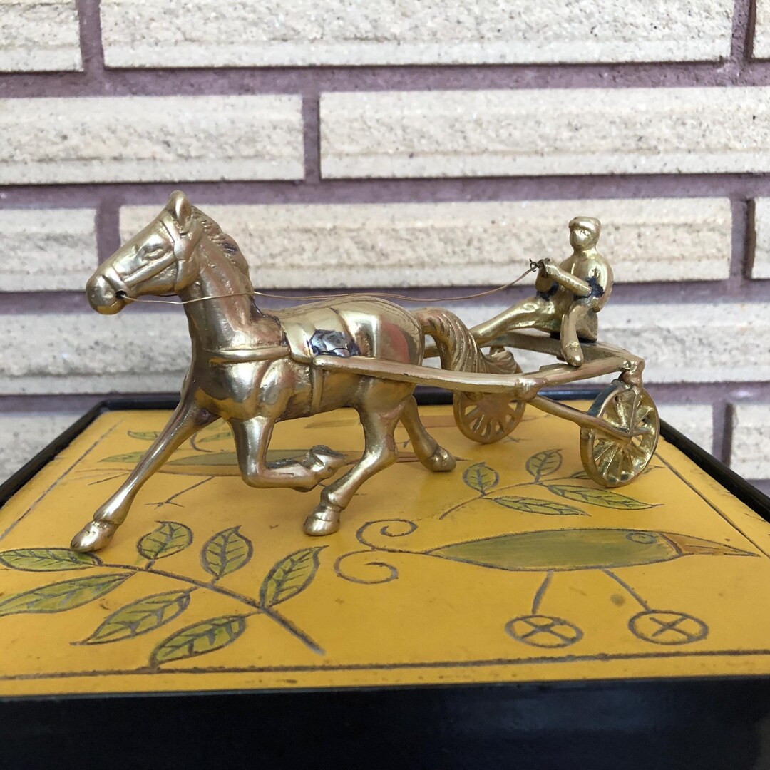 Vintage 70's Brass Horse Sulky Cart With Rider - Harness Racing Brass ...