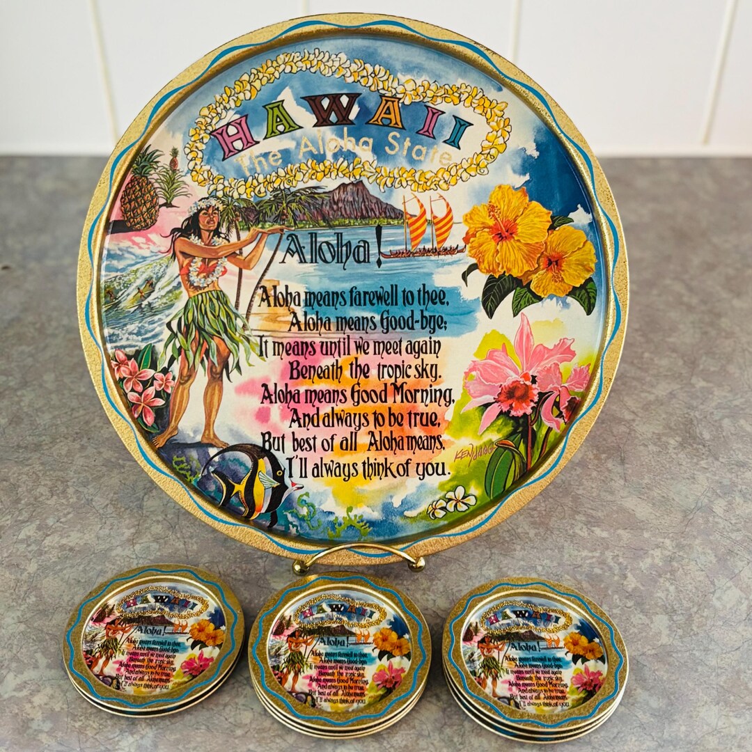Vintage 70's Hawaii "aloha" Ken Haag Metal Tray and Drink Coasters - 8 ...