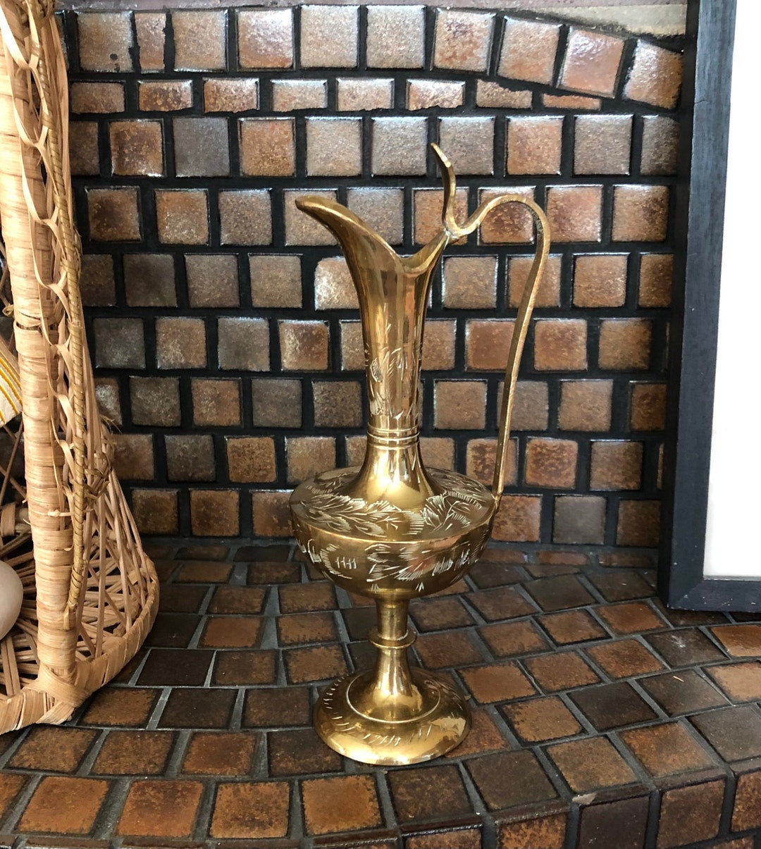 Vintage 70's Brass Etched Urn Pitcher Bud Vase - Brass Decor - Brass ...