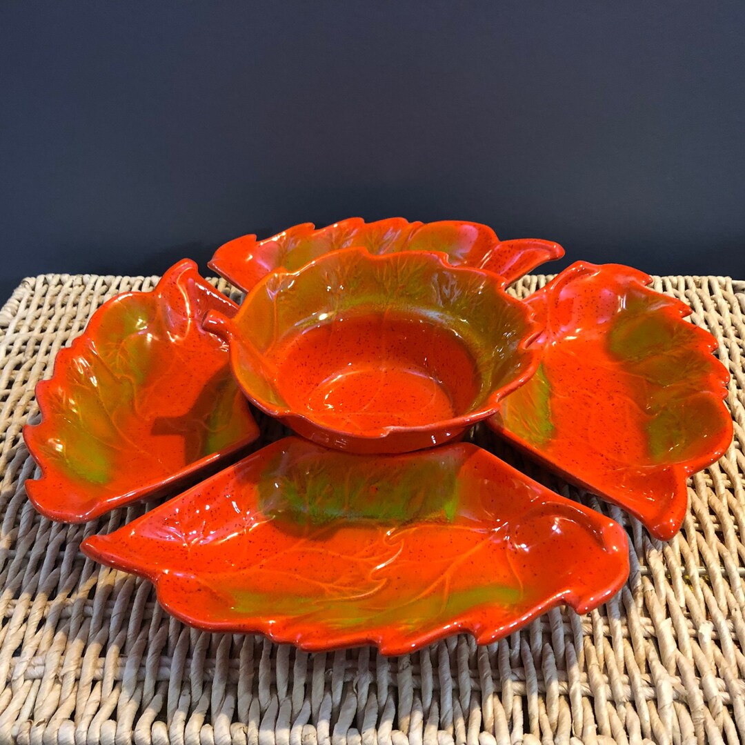 Vintage 80's Atomic Mod Ceramic Leaf USA Calie 84 Dip Bowl and 4 ...