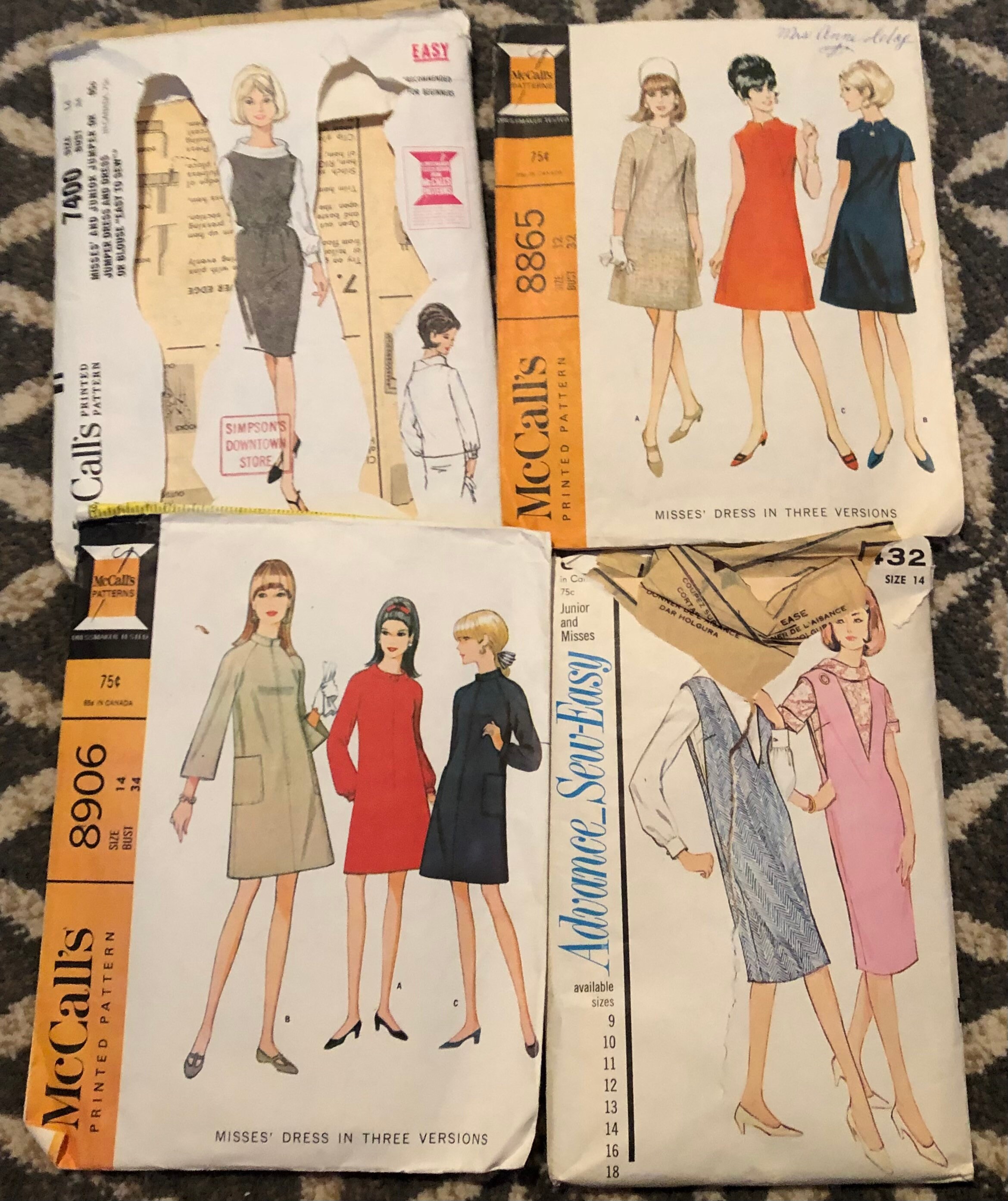 Vintage 70's Style Dress Patterns - 4 - #7400, 8865, 8906, 3432 ...