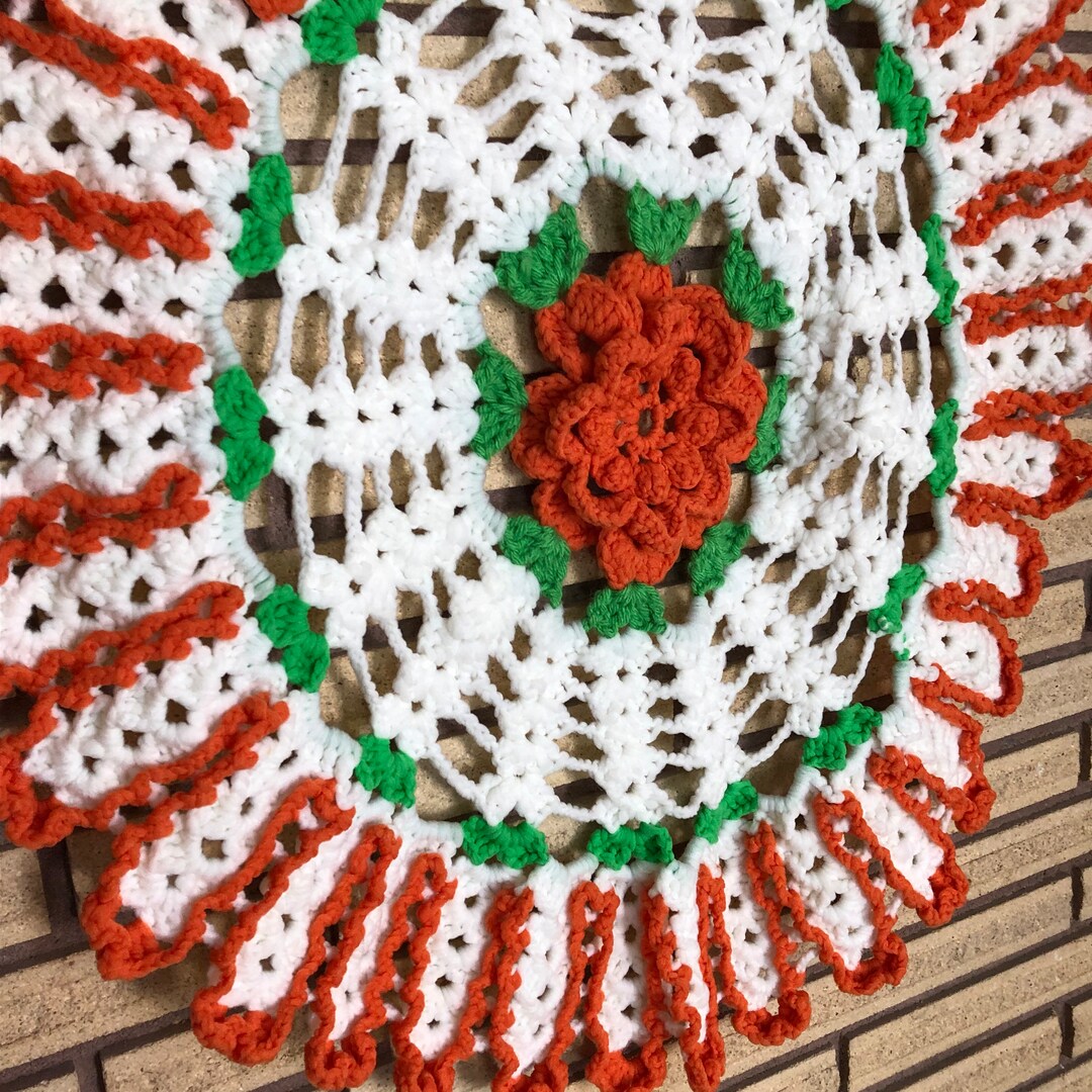 70's Granny Chic Celery Green and Orange Crochet Rosette Doilie Couch ...