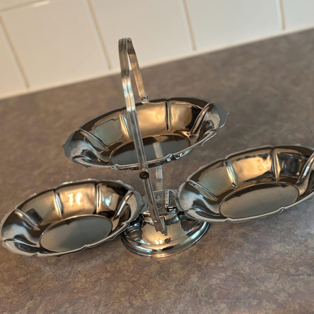 Vintage 60's Two-tier Folding Pierced Aluminum Tidbit Serving Tray ...
