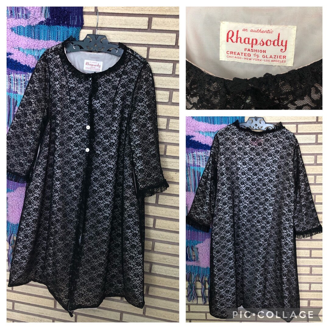 Vintage 50's Black Lace Robe - Lace Dressing Gown - Lace Dressing Robe ...