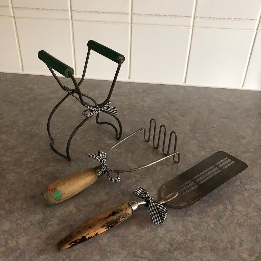 Vintage 50's Set of 3 Rustic Farmhouse Kitchen Tools - Potato Masher ...
