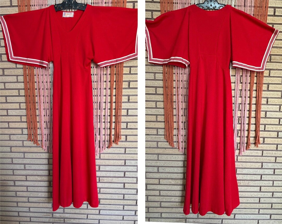 60's Mod Tomato Red Bat Wing Maxi Dress - Bust 30 Size 2 - 4 - Retro ...