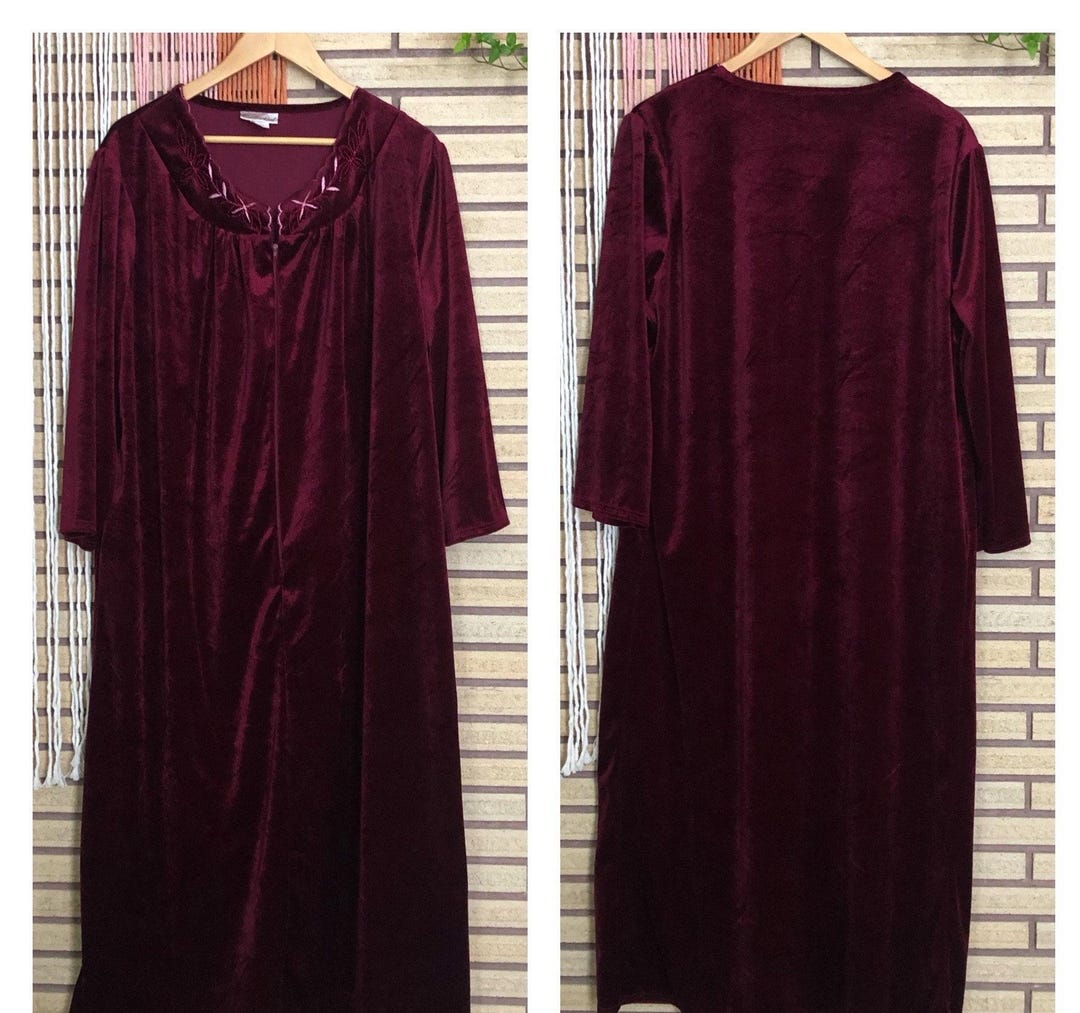 Vintage 80's Maroon Full Length Robe - Large - Dressing Gown - Bust 48 ...