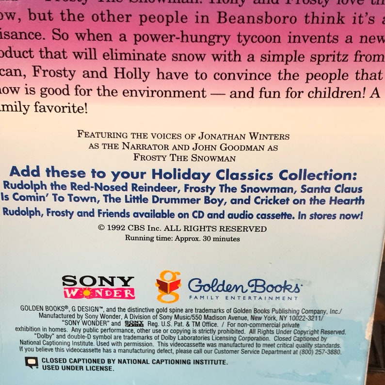 Vintage "frosty Returns" VHS Tape - 1992 - "holiday Classics Collection ...