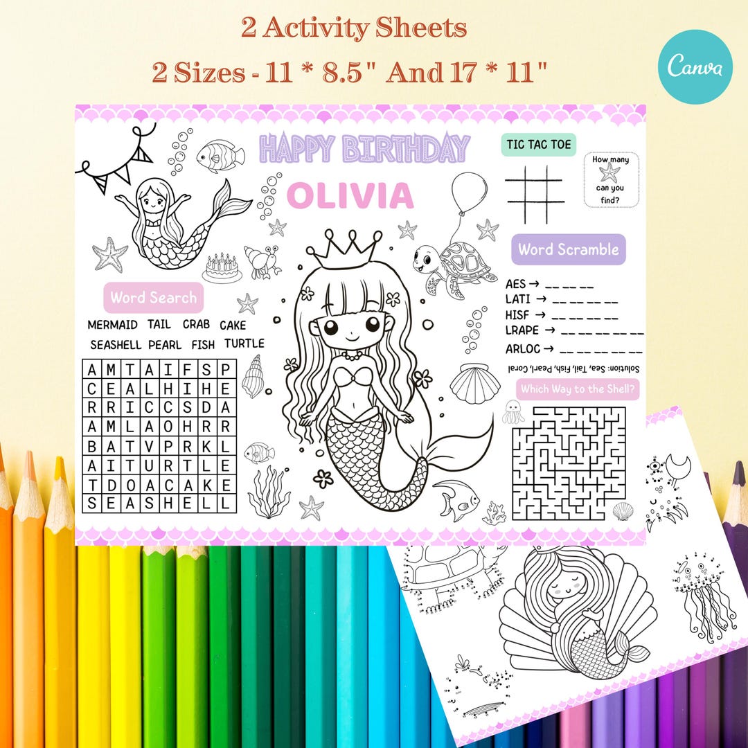 Editable Mermaid Party Placemat , Printable Under the Sea Coloring Page ...