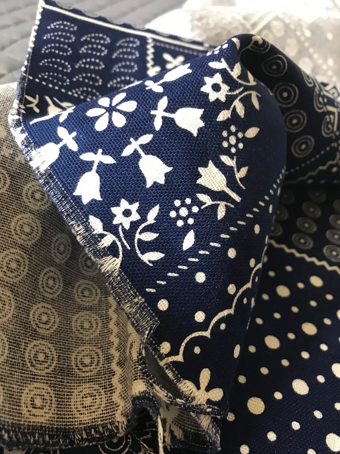 Vintage Stoff 1970er Blau Weiß Bandanna Patchwork Look Baumwolle Canvas ...