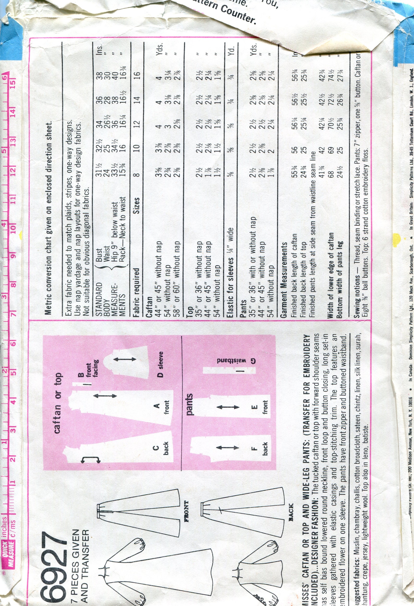 Simplicity 6927 Vintage 70s Boho Dress Caftan Top Shirt Flare Pants ...