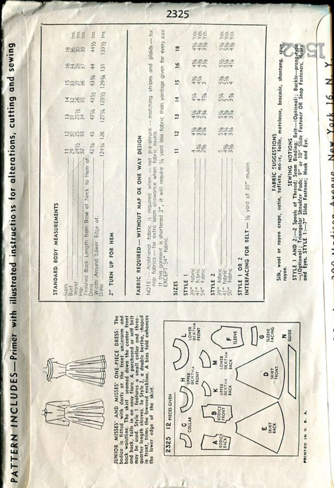 Simplicity 2325 Fitted Dress 1940s 1950s Sewing Pattern B33 - Etsy