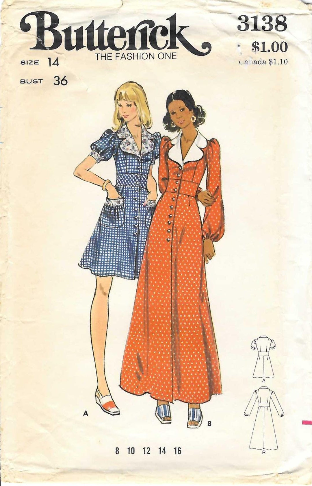 Butterick 3138 Sweet Notch-collar Dress Vintage 70s Original Sewing ...