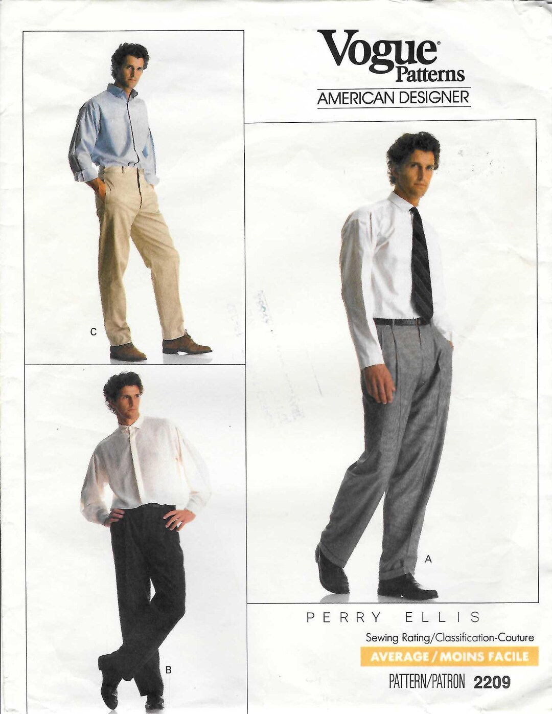 Vogue 2209 Perry Ellis Men's Pants Trousers Vintage 80s Original Sewing ...