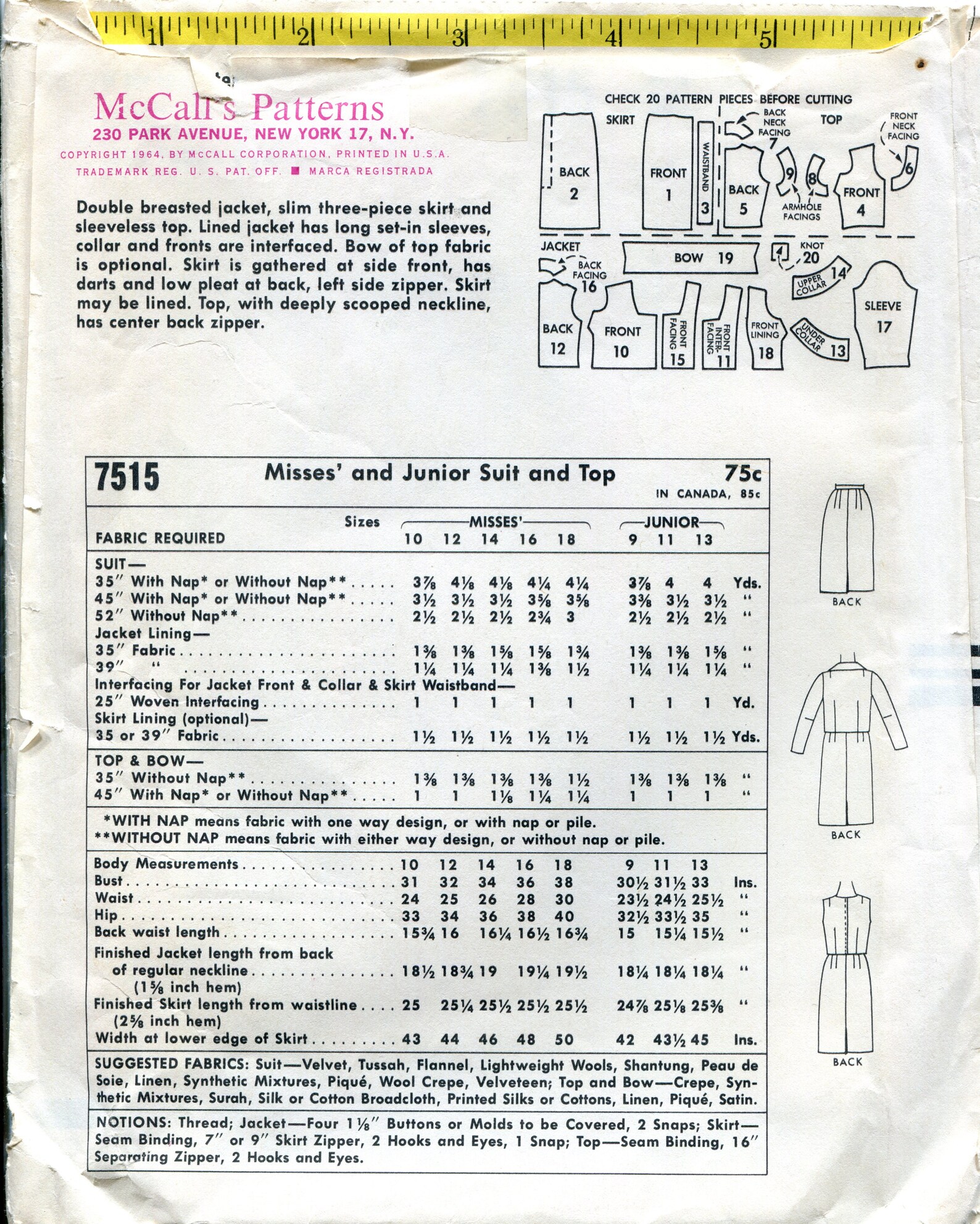 Mccall's 7515 Vintage 60s Suit Jacket Skirt Top Original Sewing Pattern ...