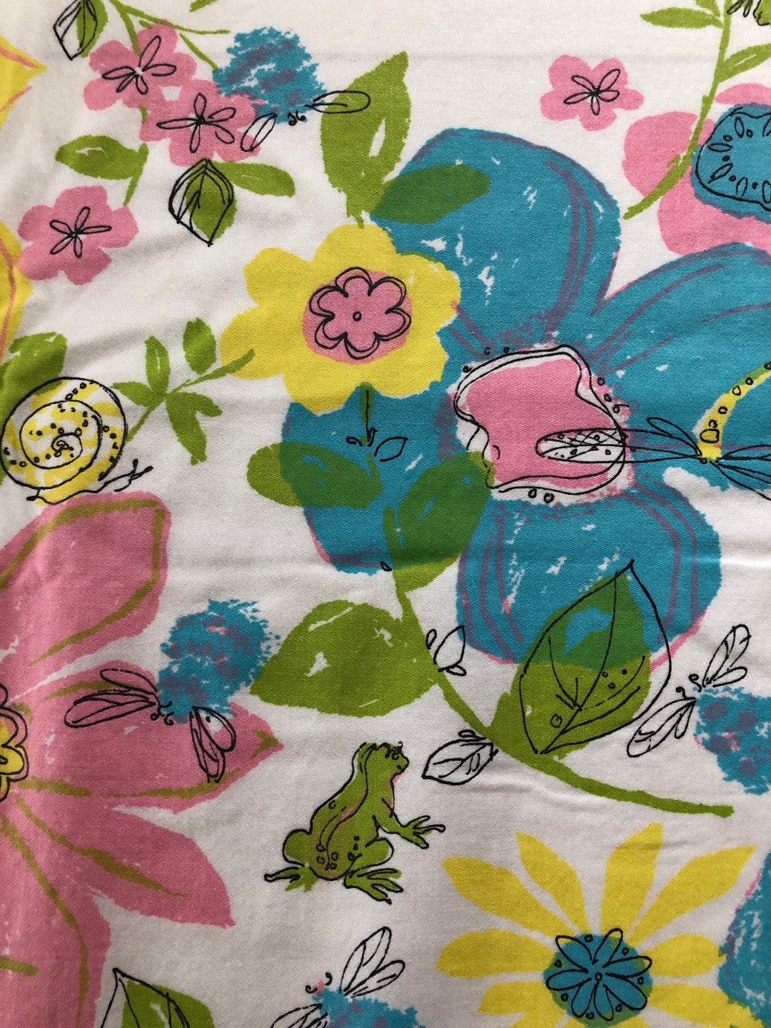 Vintage 60s Fabric Frogs Flowers Snails Dragonflies Cotton White Pink ...