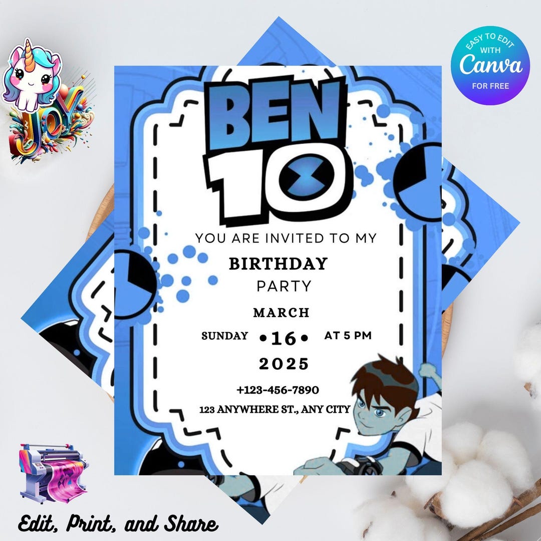 Ben 10 Birthday Invitation: Editable Blue Kids Party Invite (digital ...