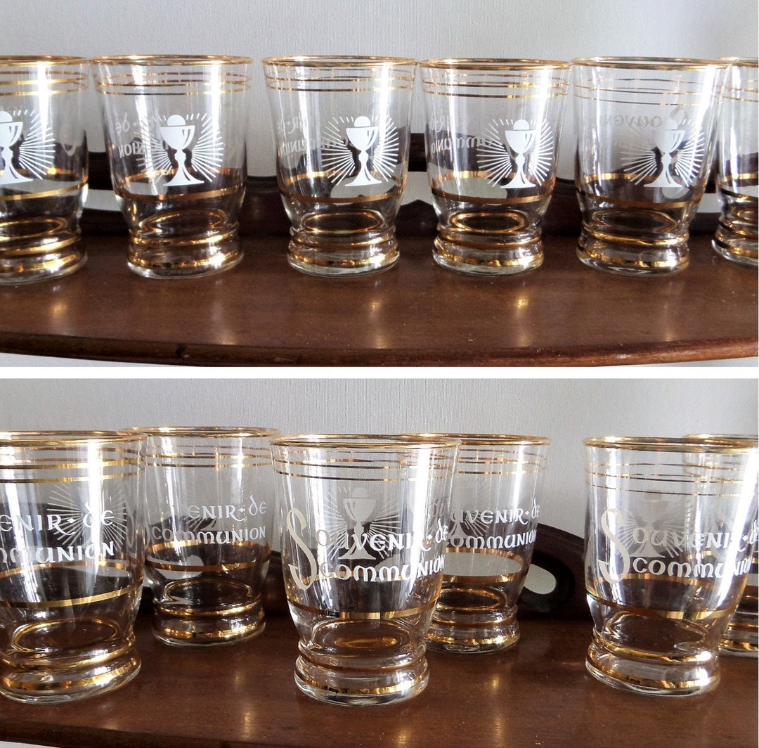 First Communion Set of 6 Souvenir Gilded Glasses. Origin France. Gift ...