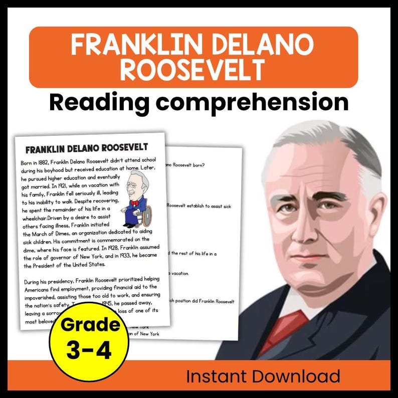 FDR Reading Comprehension Worksheet | U.S. History Grades 3-4 (PDF) - Etsy