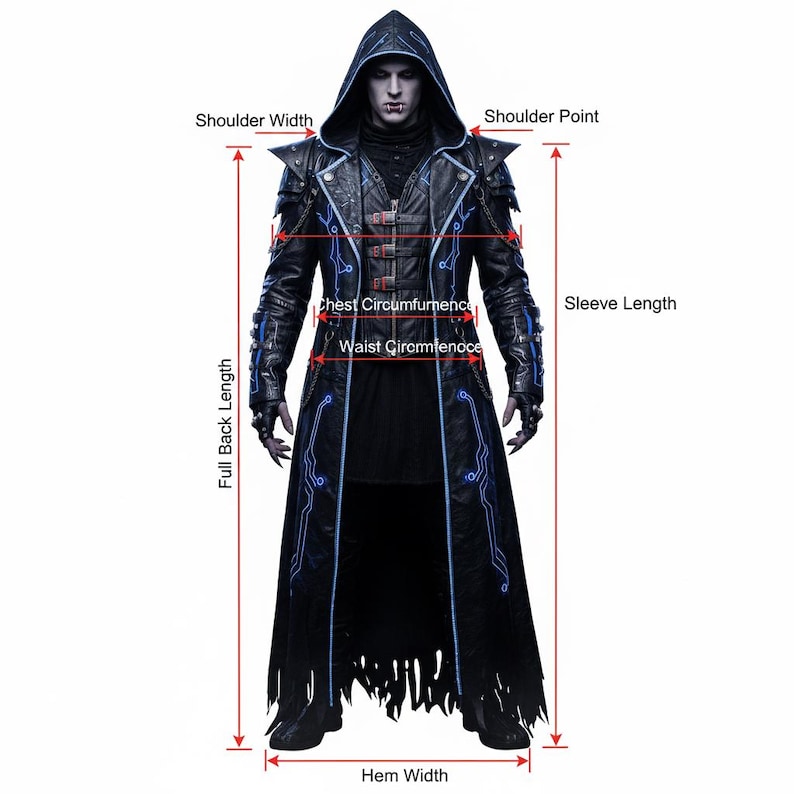 Men's Cyberpunk Gothic Coat, Black Hooded Techwear Duster With Blue ...