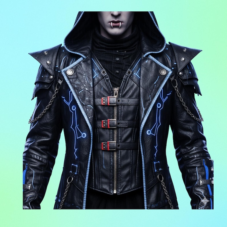Men's Cyberpunk Gothic Coat, Black Hooded Techwear Duster With Blue ...