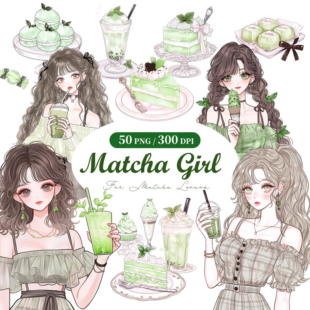 Kawaii Matcha Girl Clipart: Japanese Dessert PNG Bundle (digital ...
