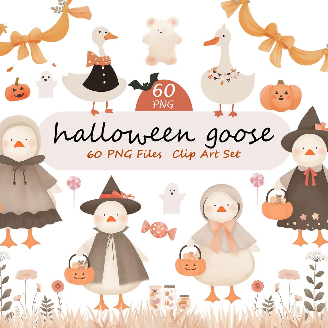 Cute Halloween Goose Clipart – Whimsical Watercolor PNG Set (300 DPI ...
