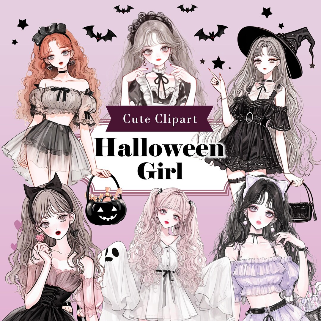 Cute Halloween Girl PNG - Kawaii Watercolor Clipart, Gothic Costume ...