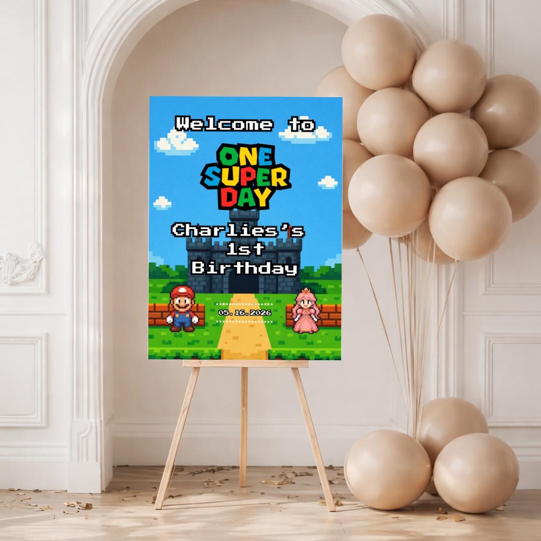Super Mario 1st Birthday Welcome Sign, One Super Day Editable 1st ...
