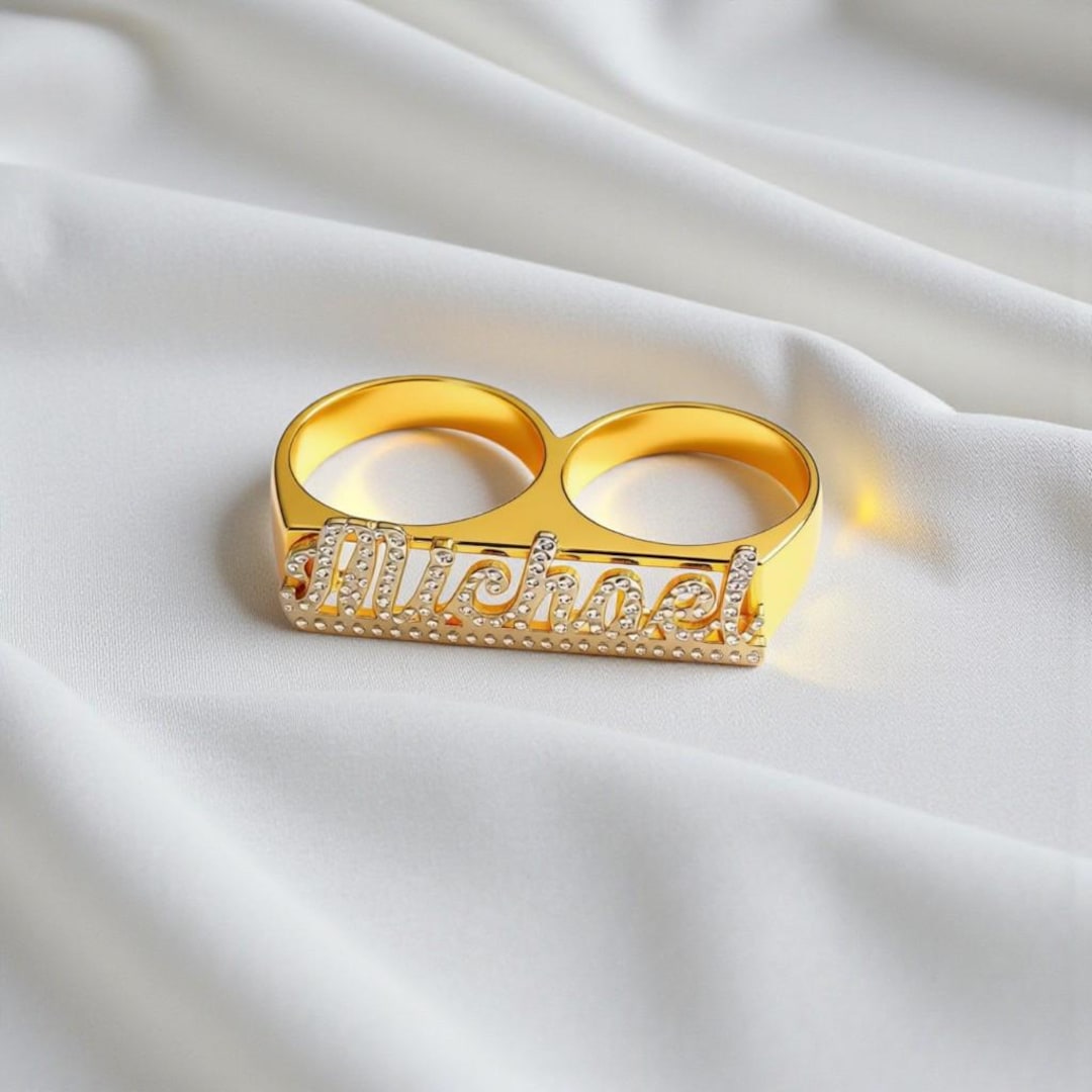 Personalized Gold Name Ring: Custom Double Band 2 Finger Ring Statement ...