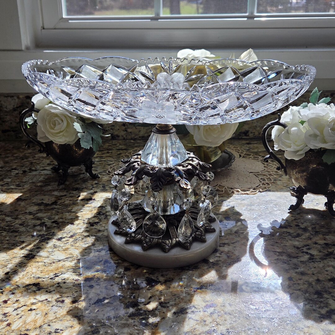Vintage Crystal Pedestal Compote With Hanging Prism Drops – Marble Base ...