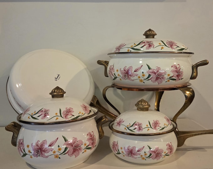 Vintage Normandy Taiwan Enamel Cookware Set – 4 Piece Pink Lily Floral ...