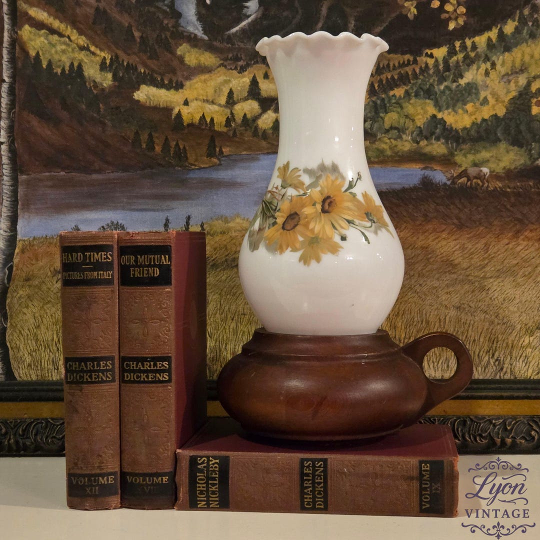 Vintage Hurricane Lamp – Milk Glass Shade With Sunflower Design ...