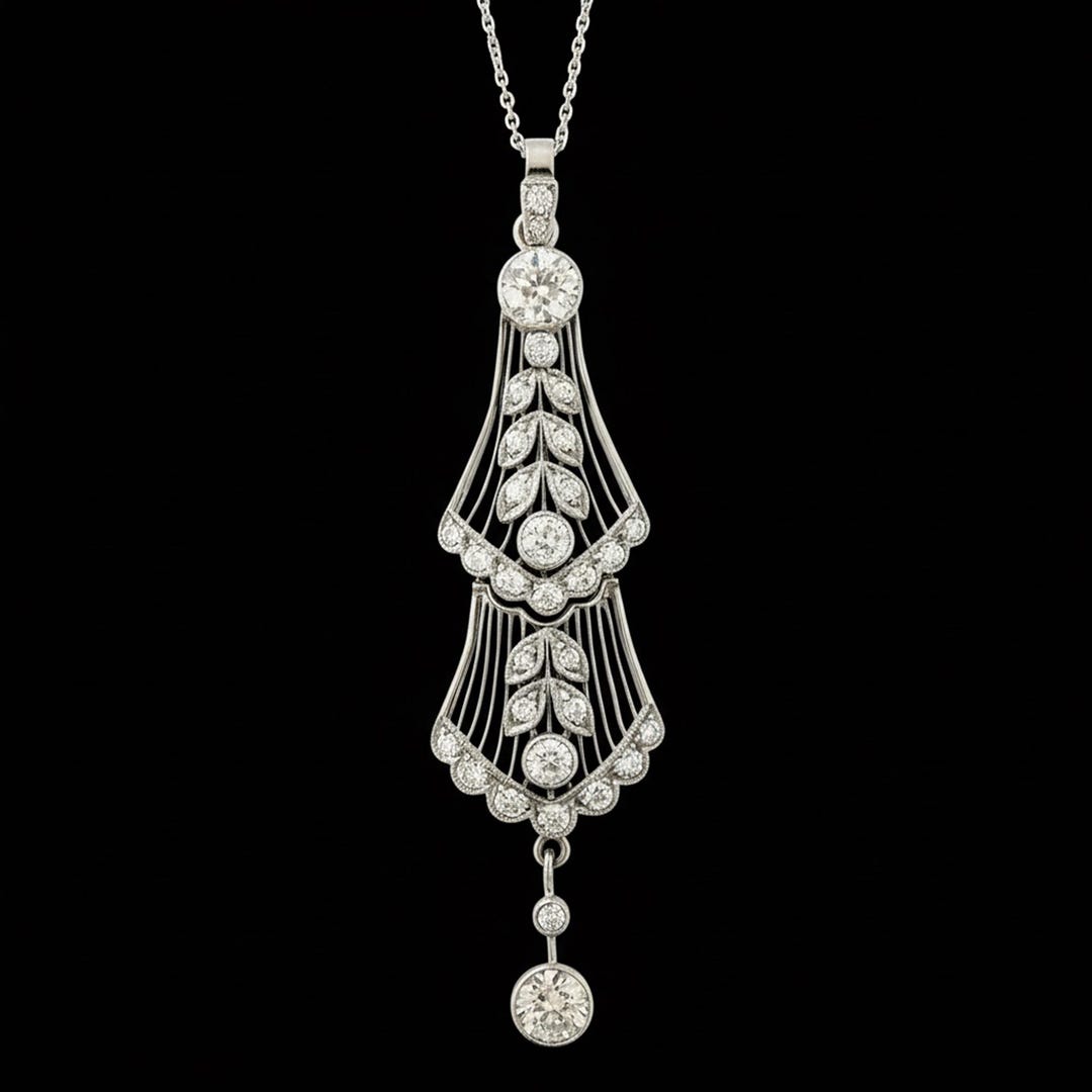 Edwardian Lavaliere Necklace, Antique Leaf Inspire Art Deco Necklace ...