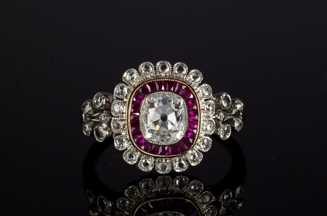 Old Mine Cut Diamond and Ruby Halo Ring, Art Deco Wedding Bridal Ring ...