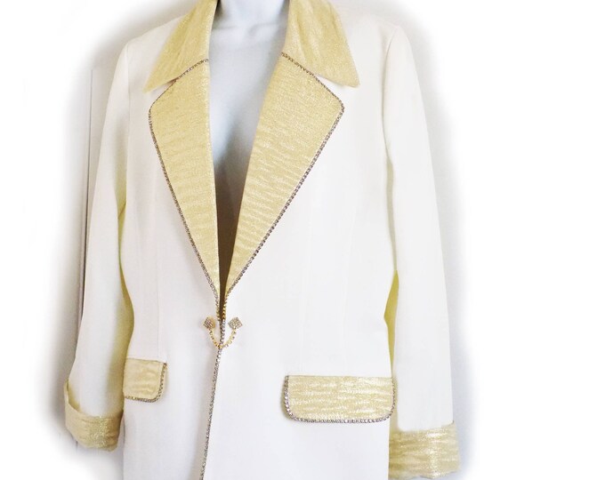 1980s Designer GLAM Jacket by Cache, Solini, White, Gold, Rhinestones ...