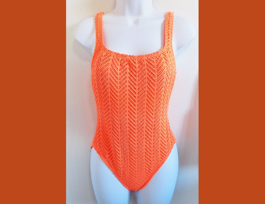 1980s Neon Orange CATALINA Swim Suit / Textured / Minor Fade / High Hip ...