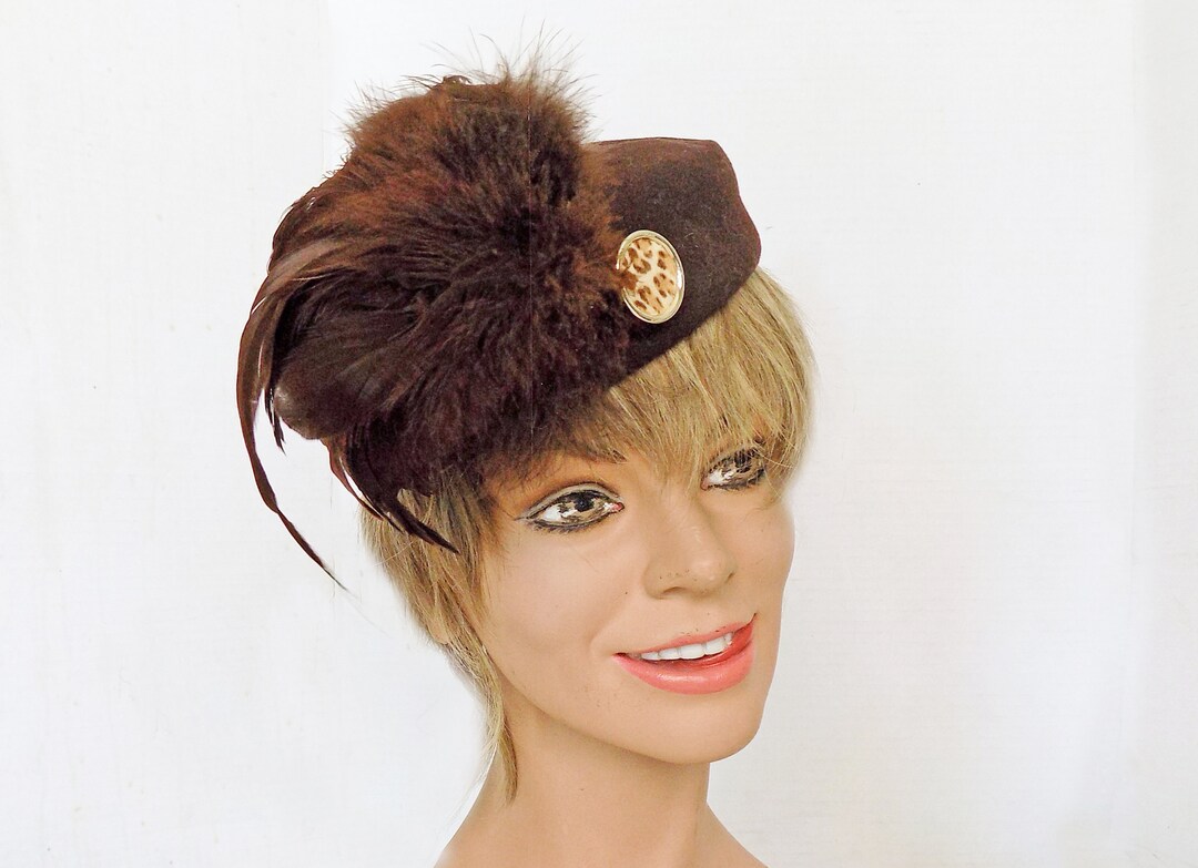 1930s-50s Dark Brown Wool Hat With Large Brown Feather Accent/ Leopard ...